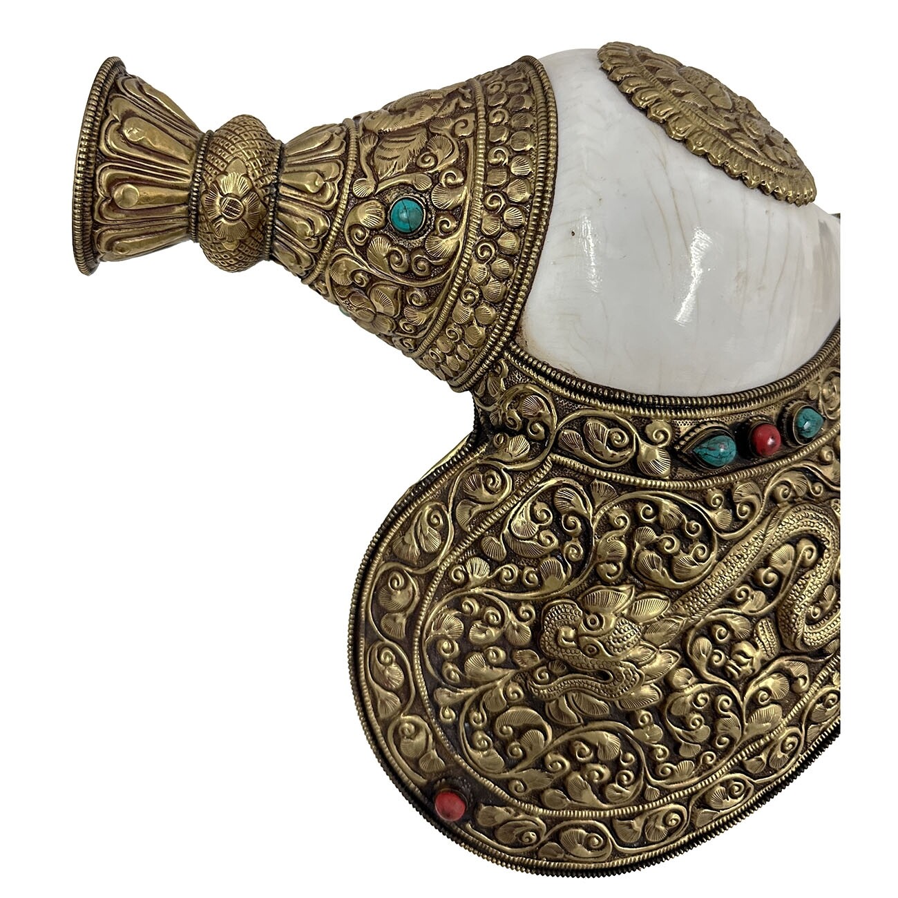 Antique Tibetan Buddhist Conch Shell with Turquoise, Coral inlay | eBay
