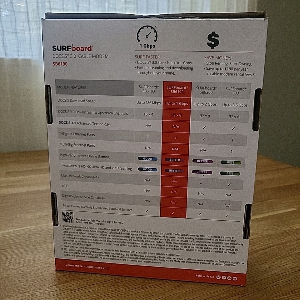 Arris SURFboard SB6190 Cable Modem DOCSIS 3.0 32x8 1 Gbps Open Box ...