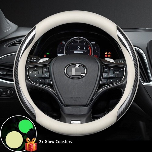 15" 38cm Carbon Fiber Car Steering Wheel Cover White Genuine Leather ...