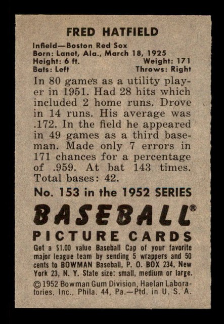 1952 Bowman - #153 Fred Hatfield (RC) for sale online | eBay