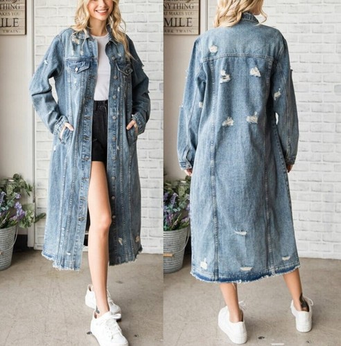 Distressed Vintage Blue Denim Maxi Jacket Ripped Long Jean Trucker Coat ...