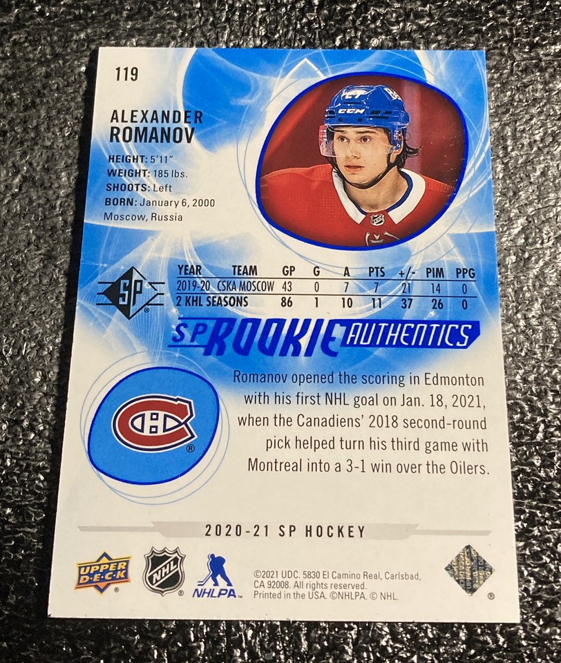 2020-21 Upper Deck SP Rookie Authentics Blue Alexander Romanov #119 RC ...