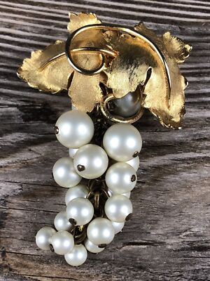 Vintage Grape Fruit Vine Dangle Faux Pearl Gold Tone Brooch Pin | eBay