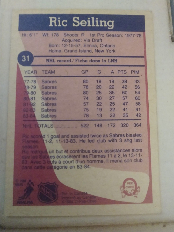 Ric Seiling Buffalo Sabers Autographed OPC 1984-85 hockey card #31 with ...