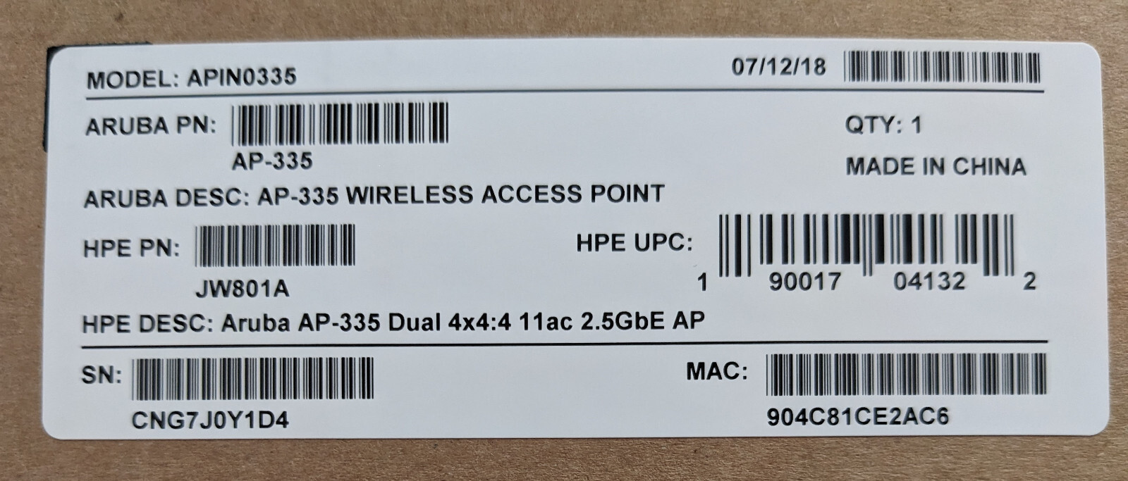 ARUBA HP AP-335 APIN0335 Wireless Access Point DUAL4X4:4 11ac 2.5GBE ...
