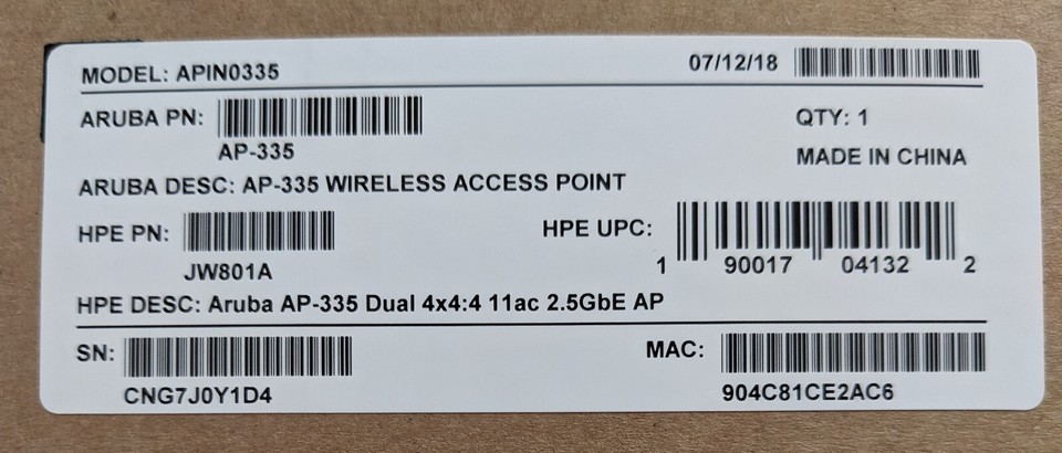 ARUBA HP AP-335 APIN0335 Wireless Access Point DUAL4X4:4 11ac 2.5GBE ...