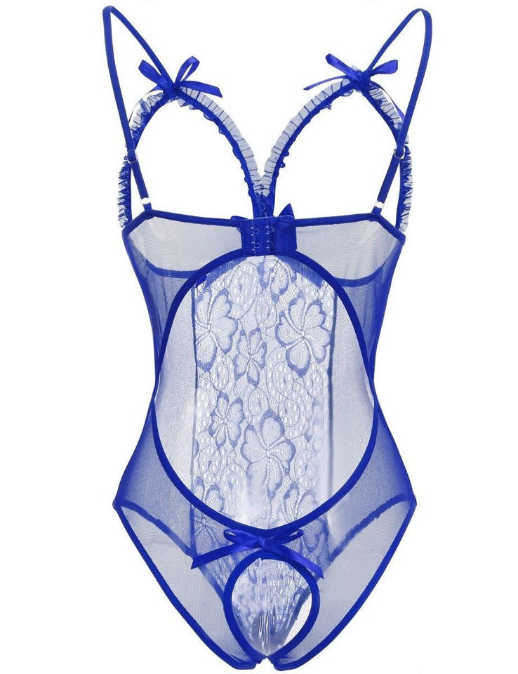 Womens Sexy-Lingerie Open-Cup Crotchless Sleepwear Blue Lace Teddy ...