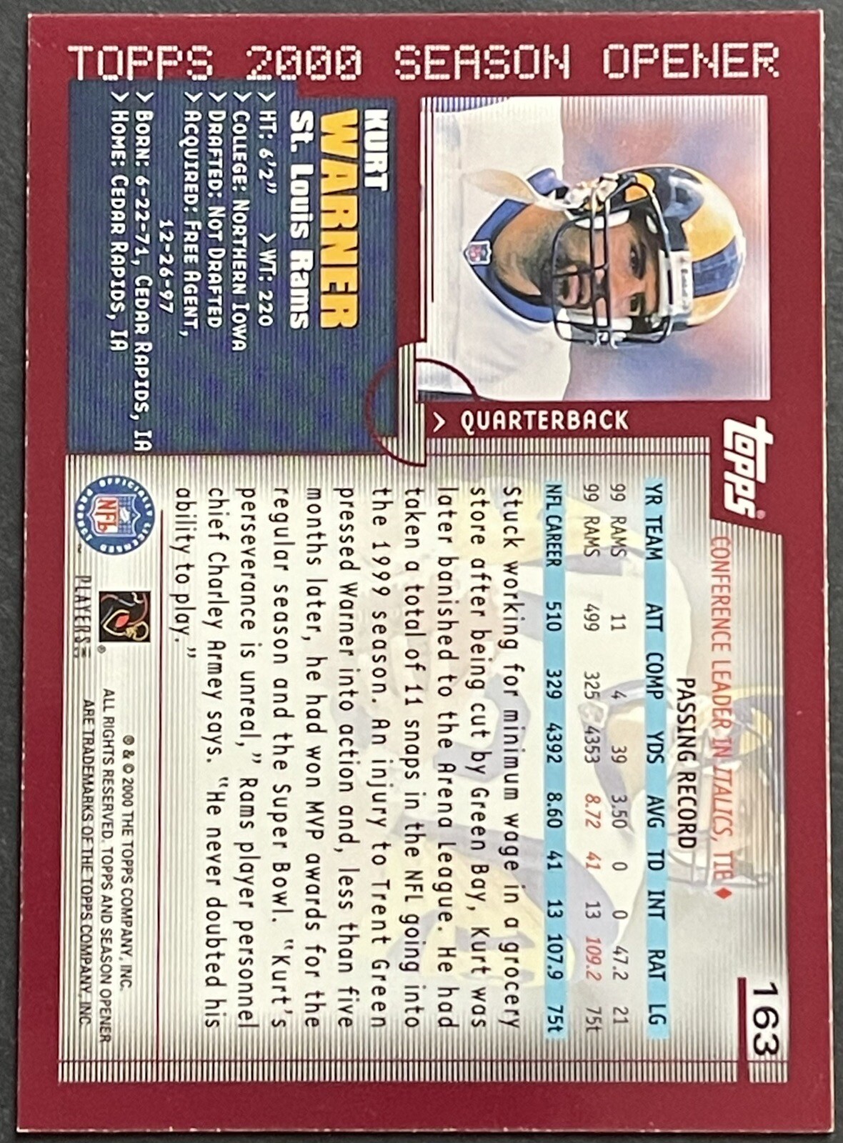 Kurt Warner 2000 Topps Season Opener Card #163 NFL St. Louis Rams | eBay