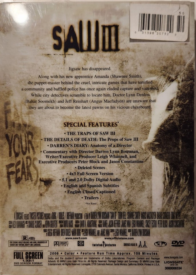 Saw 3 - DVD Unrated Edition FULL SCREEN 2006 - MINT 31398208136| eBay