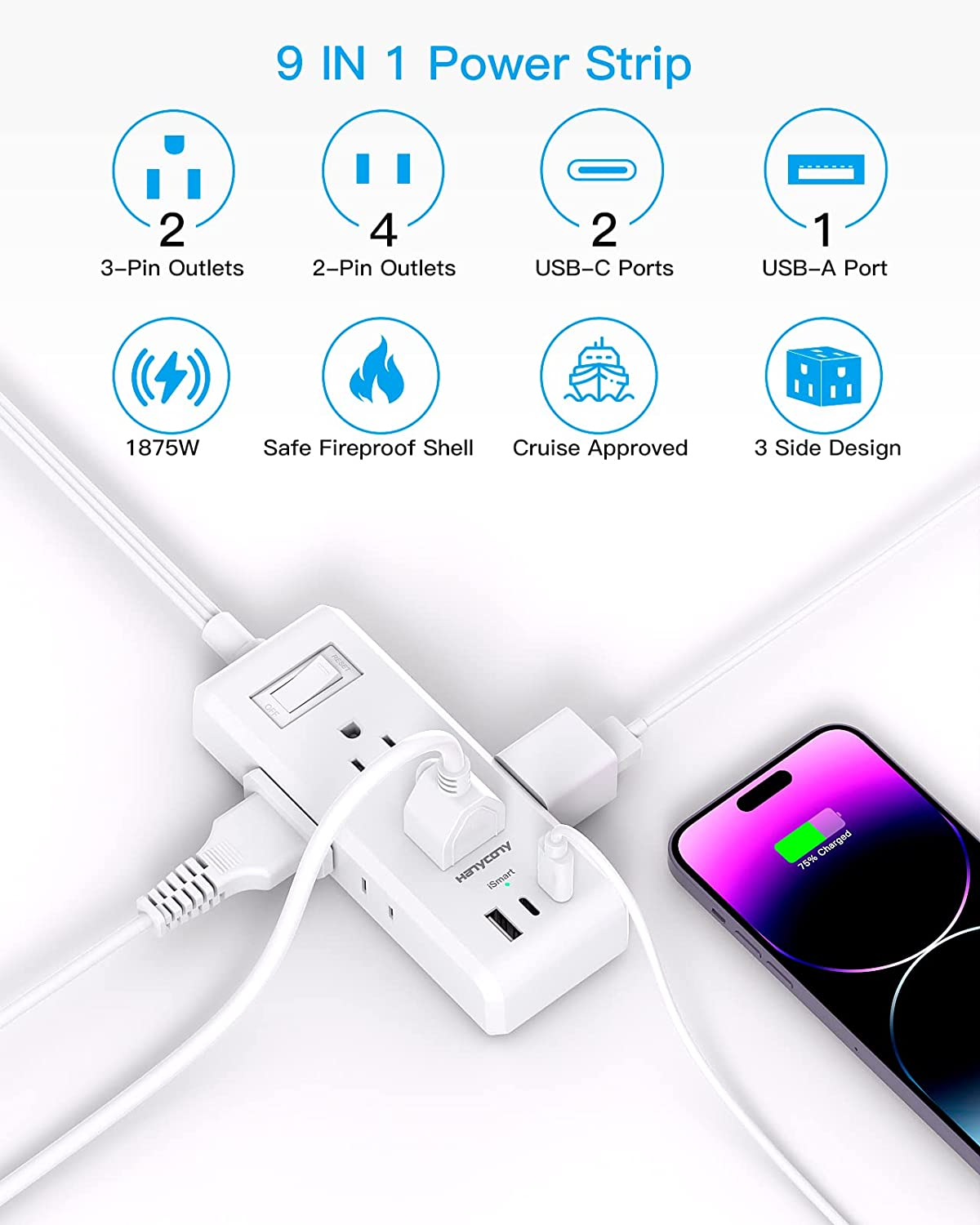 Flat Plug Power Strip, Ultra Thin Extension Cord, 6 Outlets 3 USB Ports ...