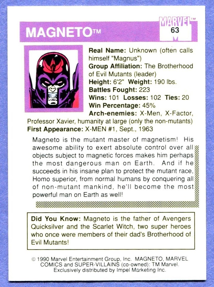 1990 Marvel Universe Card - #63 Magneto | eBay