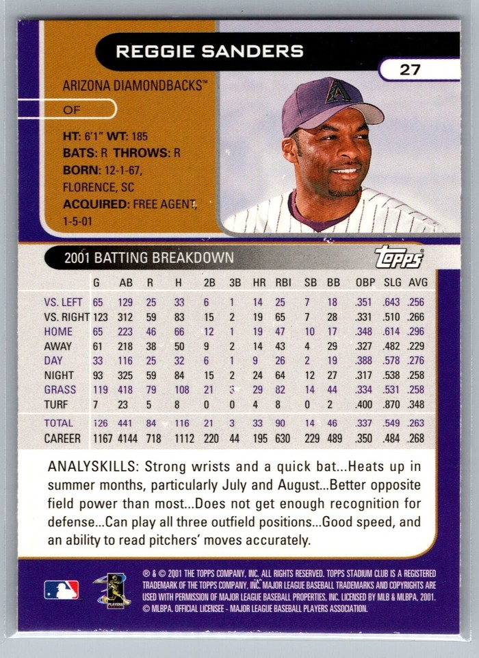 2001 TOPPS STADIUM CLUB CARD # 27 Reggie Sanders - Arizona Diamondbacks ...