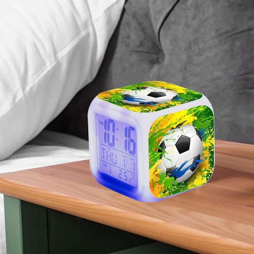 Square Football Alarm Clock Colorful Lights Table Clock Soccer Clock ...