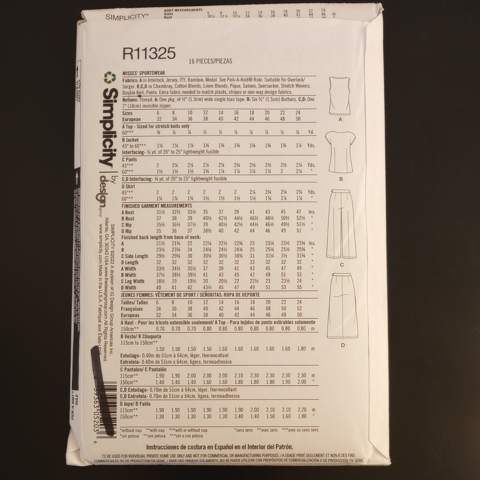 Simplicity R11325 Pattern Misses Sportswear Top Jacket Pants Skirt 16 ...