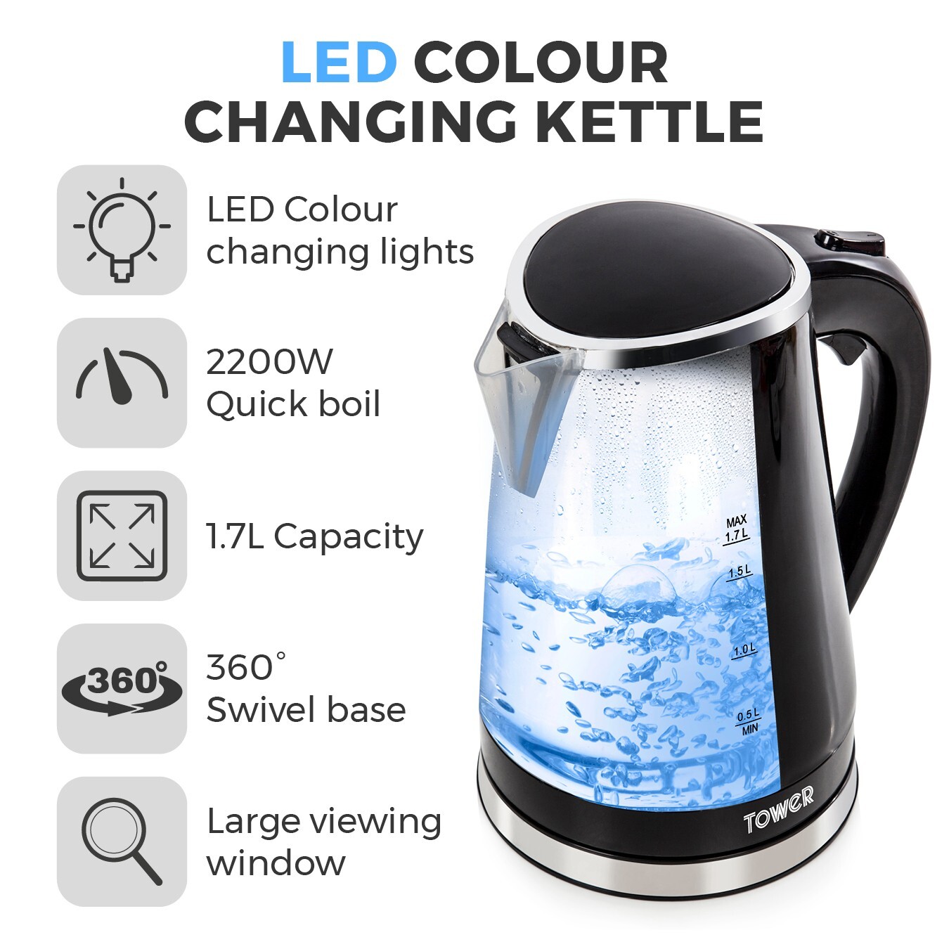 Tower T10012 LED Colour Changing Kettle, 1.7L, 2200W, Black | eBay UK