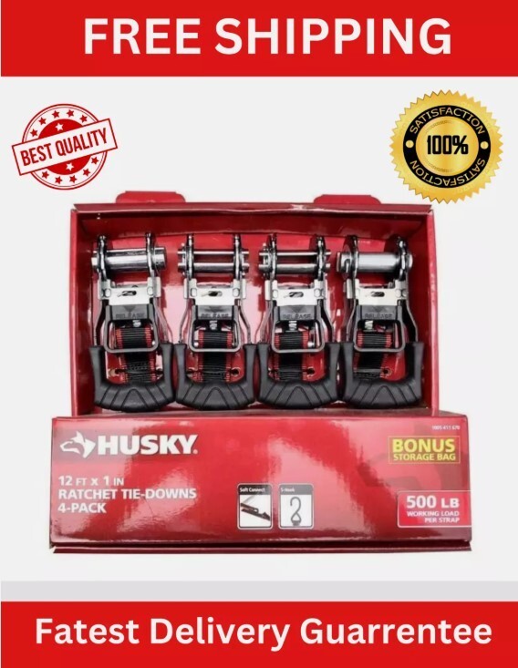 HUSKY RATCHET TIE-DOWN STRAPS 4-PACK 1 in. x 12 ft. Quick Hook 1500 lbs ...