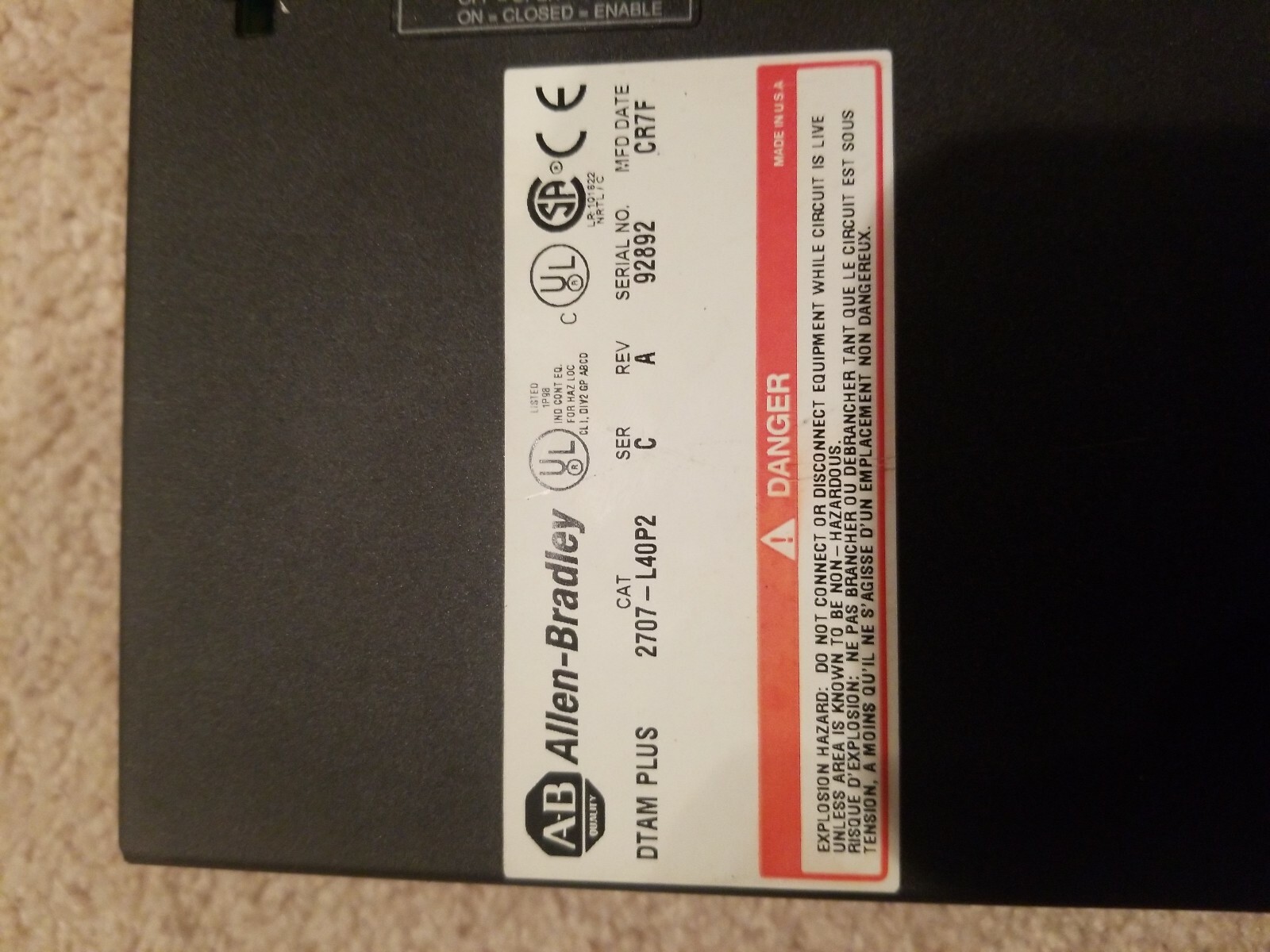 ALLEN BRADLEY DTAM PLUS OPERATOR PANEL 2707-L40P2 SER. C REV. A! | eBay