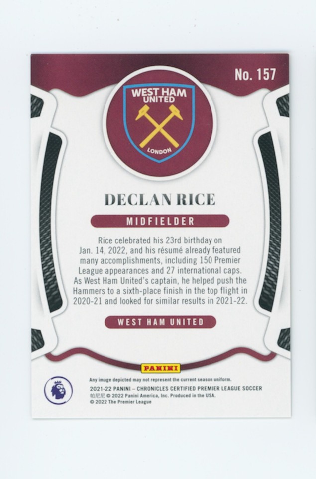 2021-22 Declan Rice Panini Chronicles Certified Gold West Ham United ...