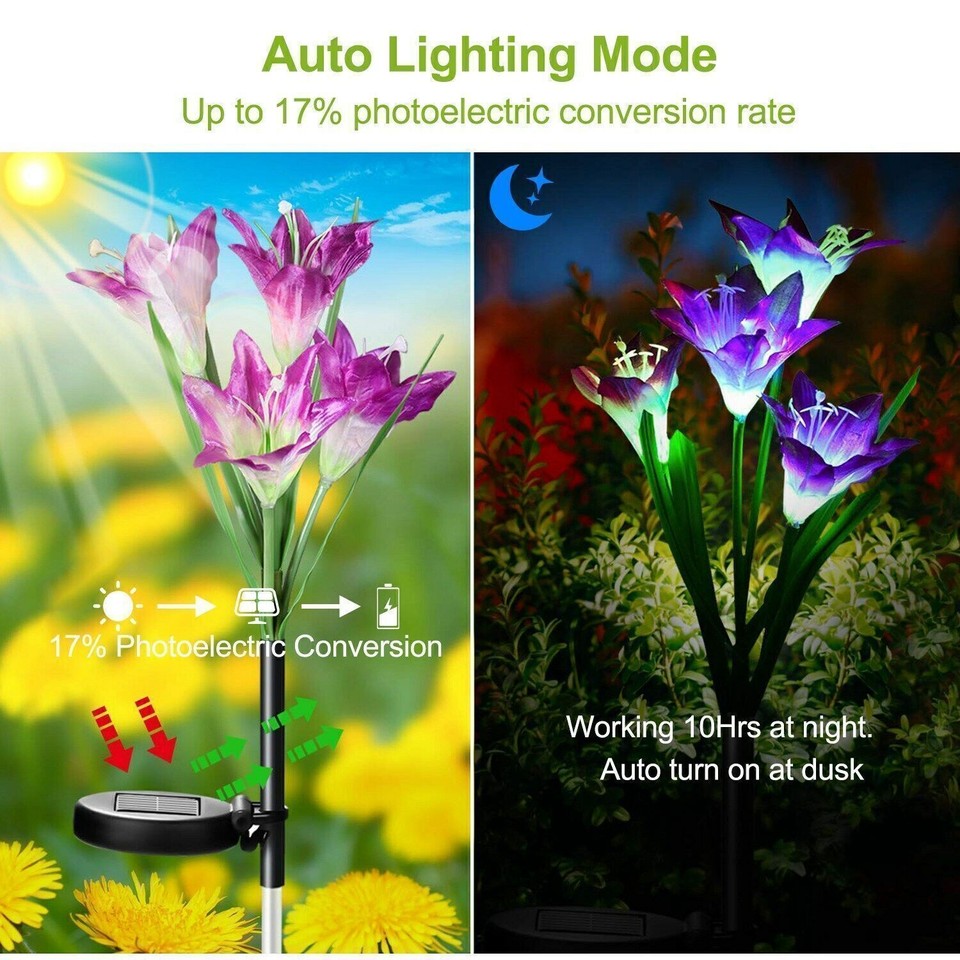 2Pcs Solar Lily Flower Lights Stake LED Color Changing Outdoor Garden ...