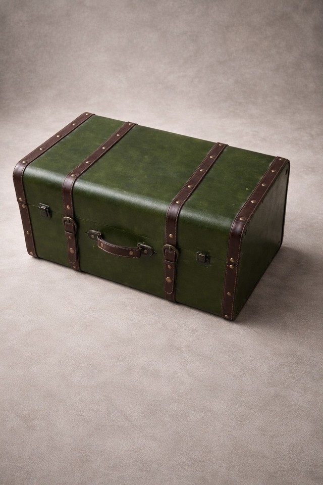 Vintage Green Steamer Trunk Storage Chest – Leather Straps – Retro ...