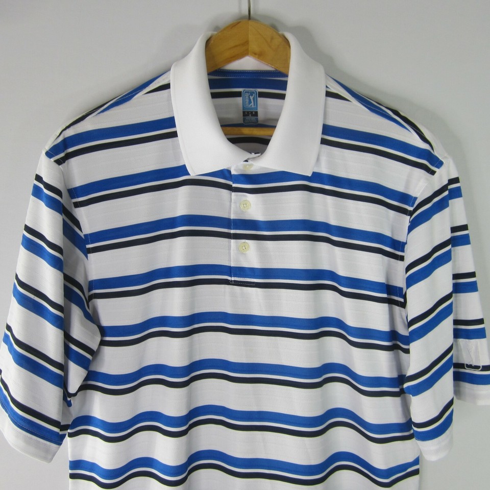 PGA Tour Mens Large Blue White Striped Short Sleeve Rugby Polo Golf ...