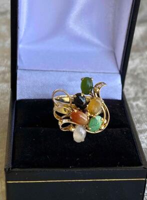 Vintage 14k Gold Natural Jadeite Jade Multi Color Oval Cabochon Cluster ...