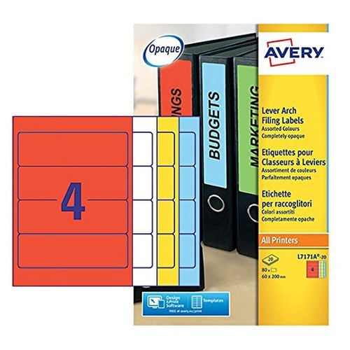Avery L7171A-20 Self-Adhesive Assorted Colours Lever Arch File Labels ...