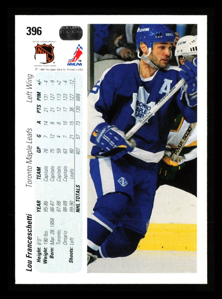 Lou Franceschetti 1990-91 Upper Deck Hockey NHL #396b Toronto Maple ...