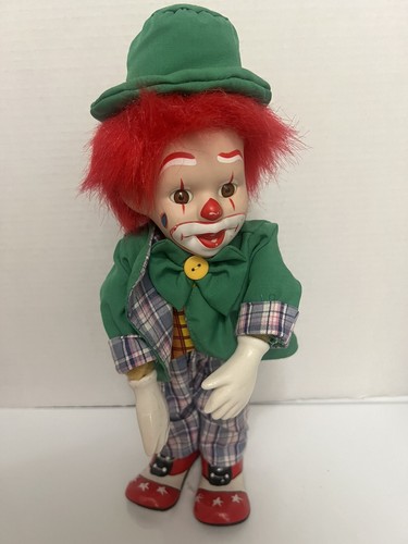Standing Smiling Happy Hobo Porcelain Clown Doll Green Plaid Outfit Red ...