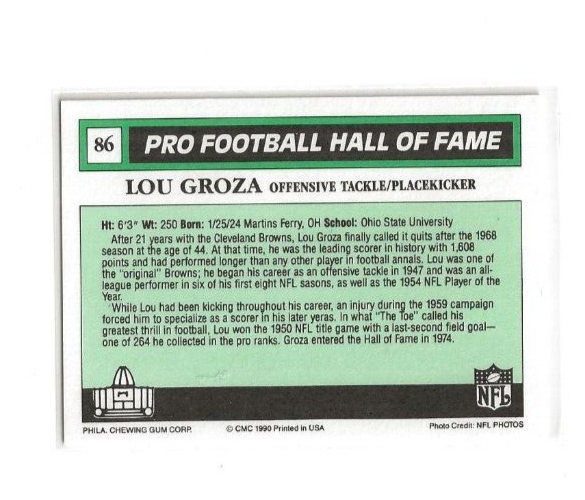 Lou Groza 1990 Swell Pro Football Hall of Fame - # 86 - Cleveland ...