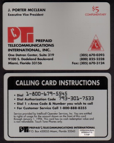 $5. J Porter McClean VP of PTI Complimentary Business Card Exp 01/97 ...