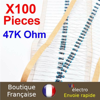 x100 Pcs 47K Ohm, Résistance traversante, ± 1% 47K 1/4 W 0.25 MF25 ...