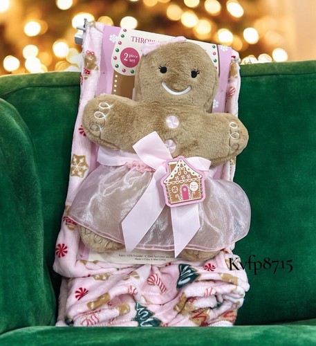 Pink Gingerbread Girl Pillow And Throw Blanket “50x60” Set Peppermint ...