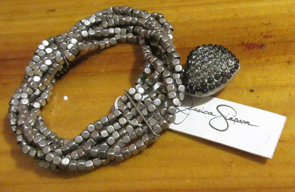 NEW JESSICA SIMPSON silver tone MULTI STRAND BEAD HEART CHARM bracelet ...