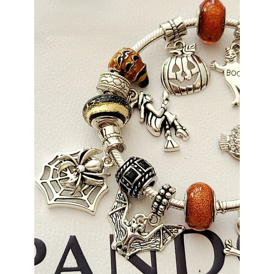PANDORA GOTHIC HALLOWEEN Charm Bracelet .925 Sterling Silver Bat Skull ...