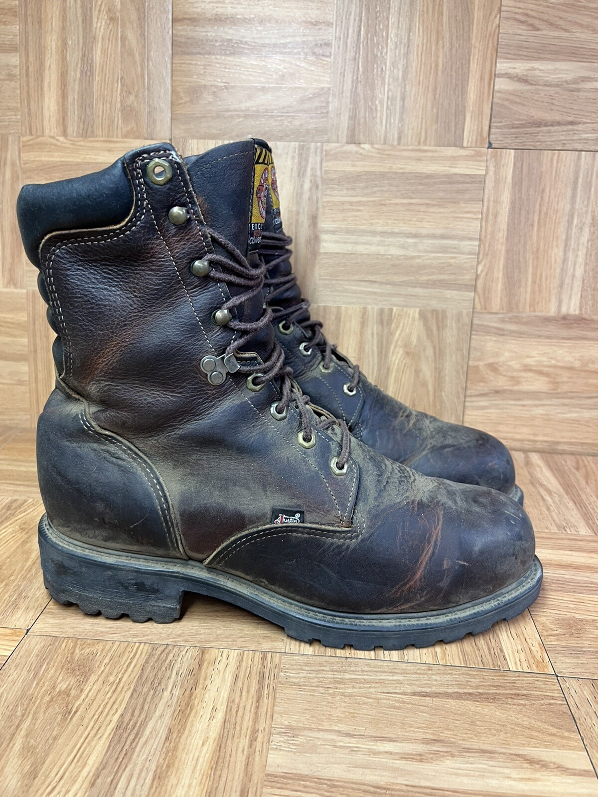 RARE🇺🇸 Original Justin Work-Boots Steel Toe Brown Leather Logger Packer ...