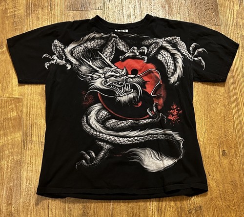 Vintage 90s Yin Yang Chinese Dragon All Over Print Black T-Shirt Adult ...