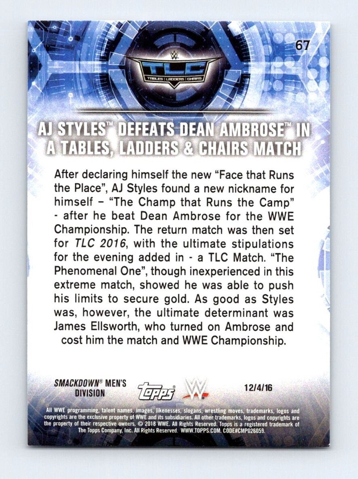 AJ STYLES TLC 2018 WWE Topps Trading Card Wrestling B157 | eBay