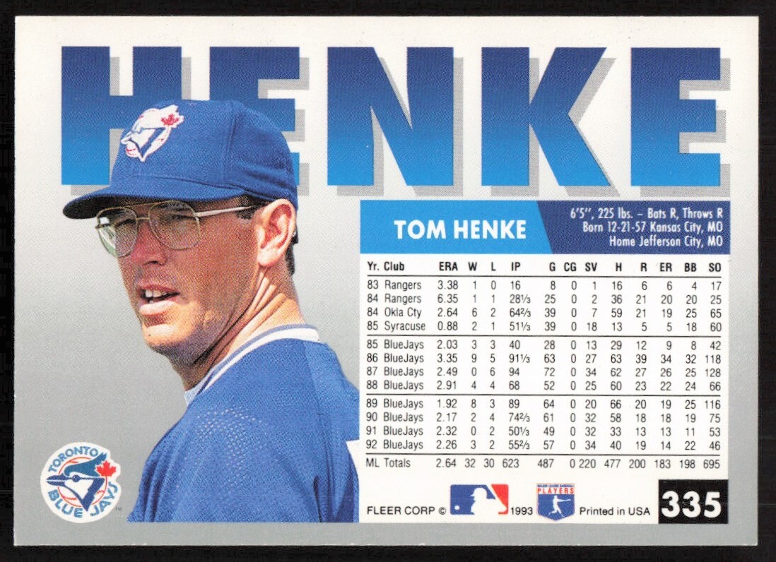 1993 Fleer #335 Tom Henke Toronto Blue Jays | eBay