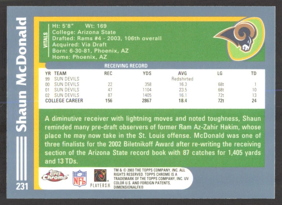 2003 Topps Chrome Shaun McDonald Rookie St. Louis Rams #231 | eBay