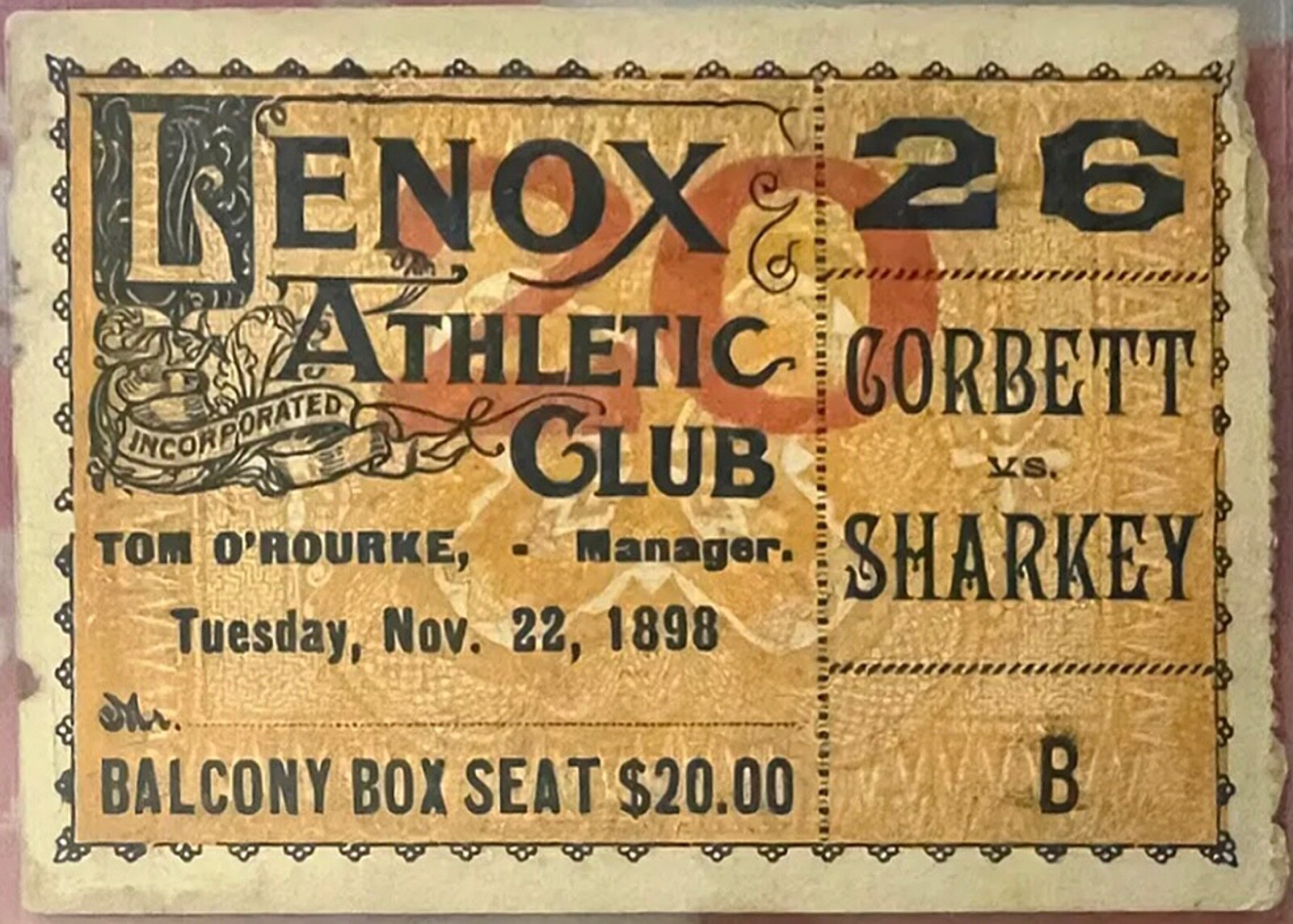 Vintage Original James J. Corbett vs. Tom Sharkey Boxing Fight Stubless ...