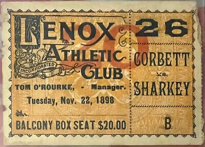 Vintage Original James J. Corbett vs. Tom Sharkey Boxing Fight Stubless ...