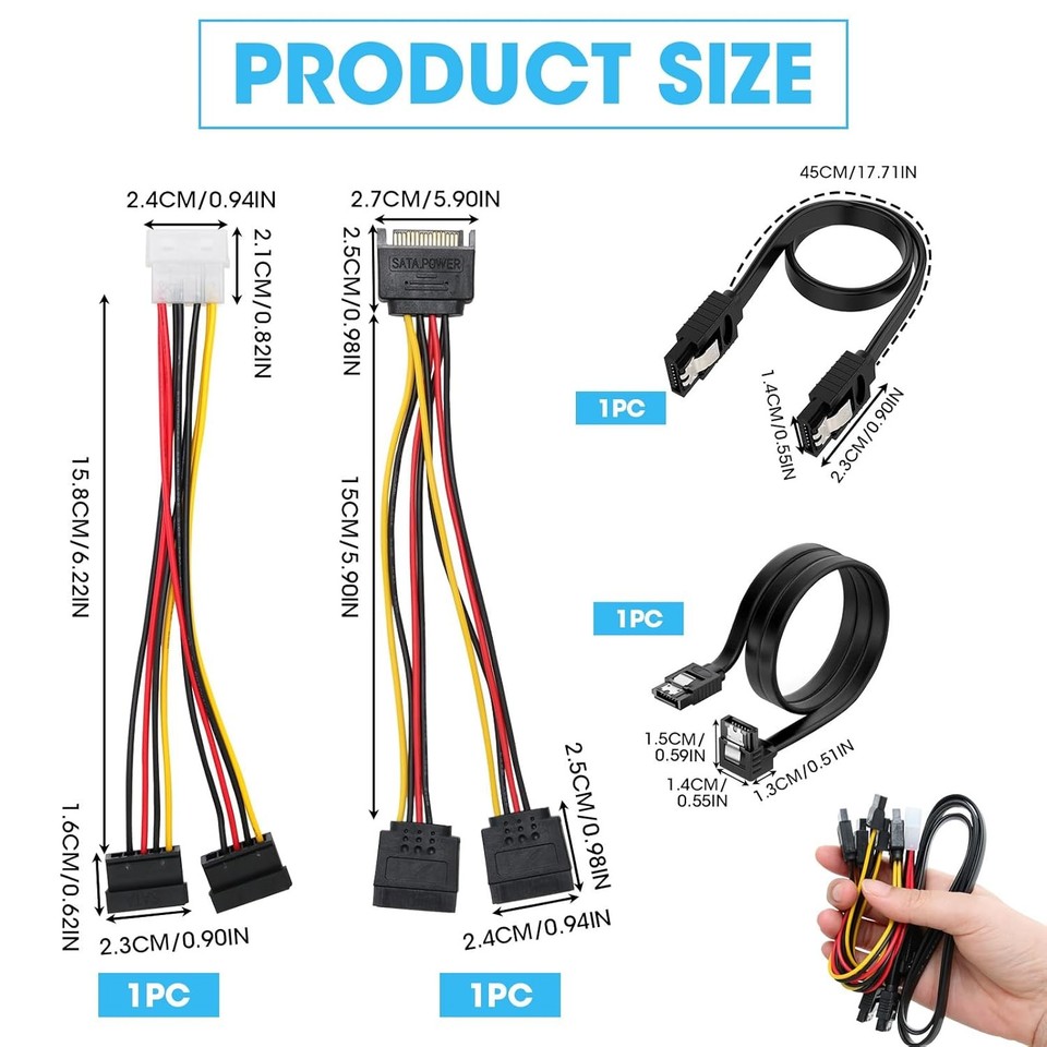 4 Pcs SATA Cables Kit, Comprehensive SATA III Data Power Cables for HDD ...