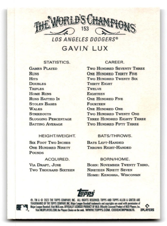 2023 Topps Allen & Ginter Gavin Lux #153 Dodgers | eBay