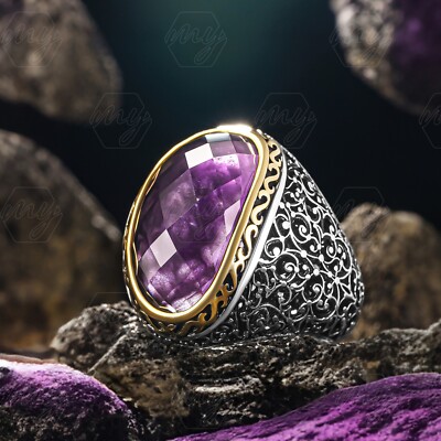 925 Sterling Silver Faceted Amethyst Filigree Design Turkish Men's Ring ...
