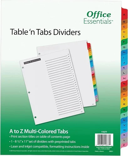 Office Essentials(TM) Table n Tabs(R) Dividers w/Multicolor Tabs A-Z ...