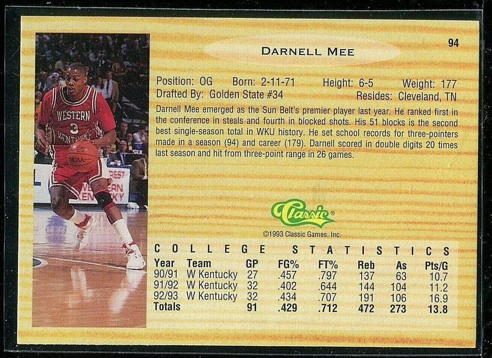 1993 Classic Games Darnell Mee #94 Golden State Warriors Rookie | eBay