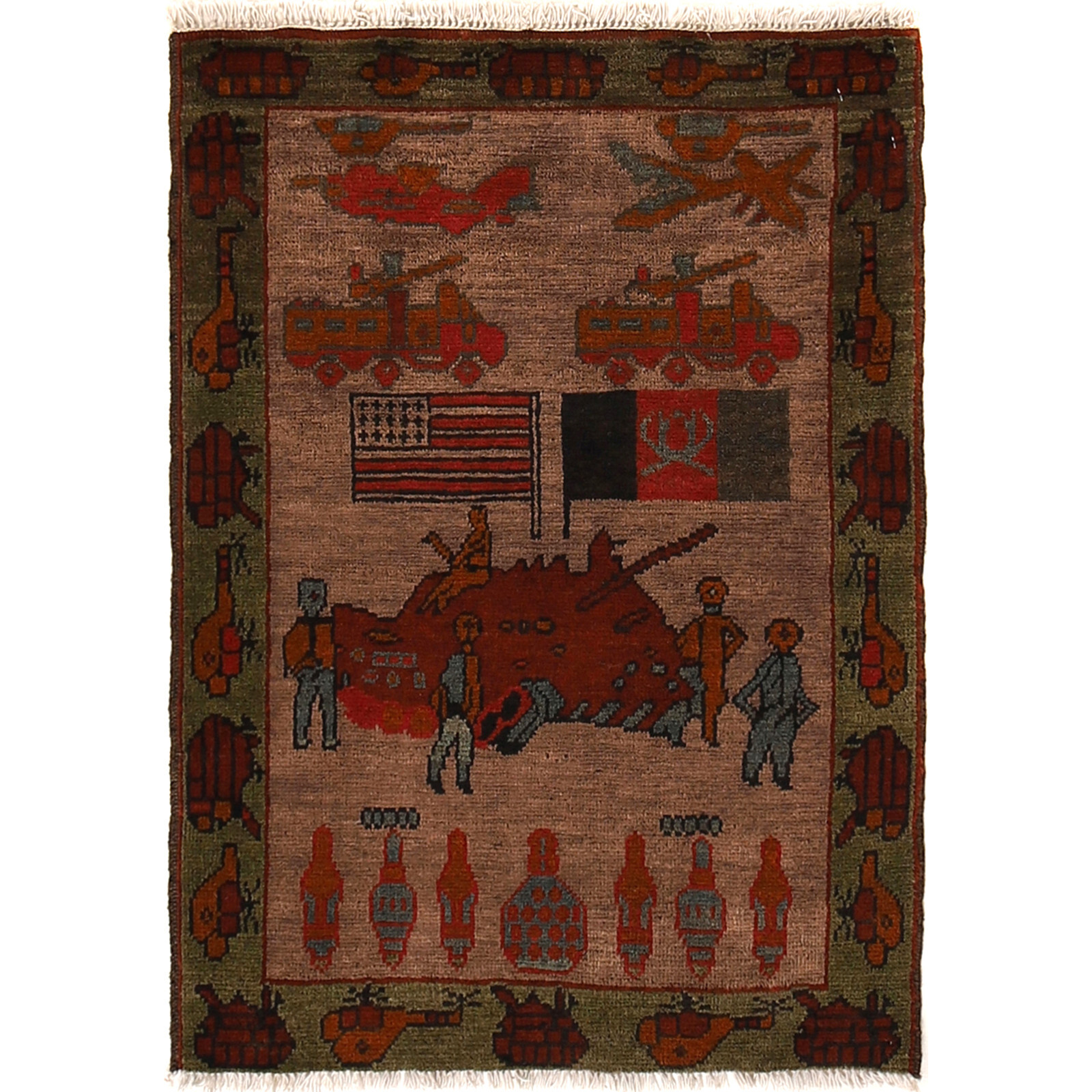 Hand-Knotted Afghan Rug Traditional Pictorial War Tanks Rug 1'9x2'7 ft ...