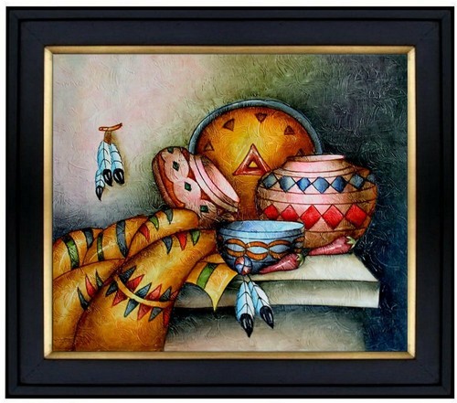 Framed Still Life with Native American Crafts, Hand Painted Oil ...