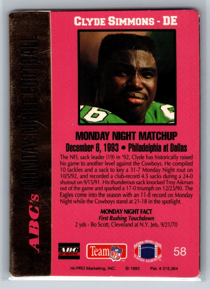 1993 Action Packed Monday Night Football Clyde Simmons Philadelphia ...